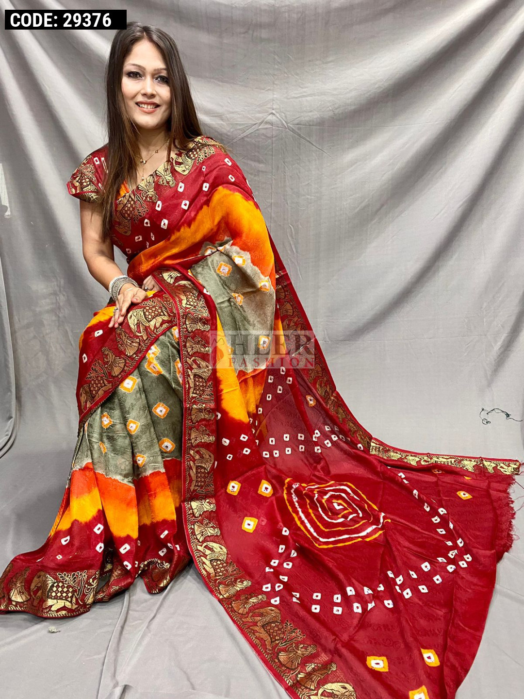 Multi color bandhani silk saree with hand bandhej work