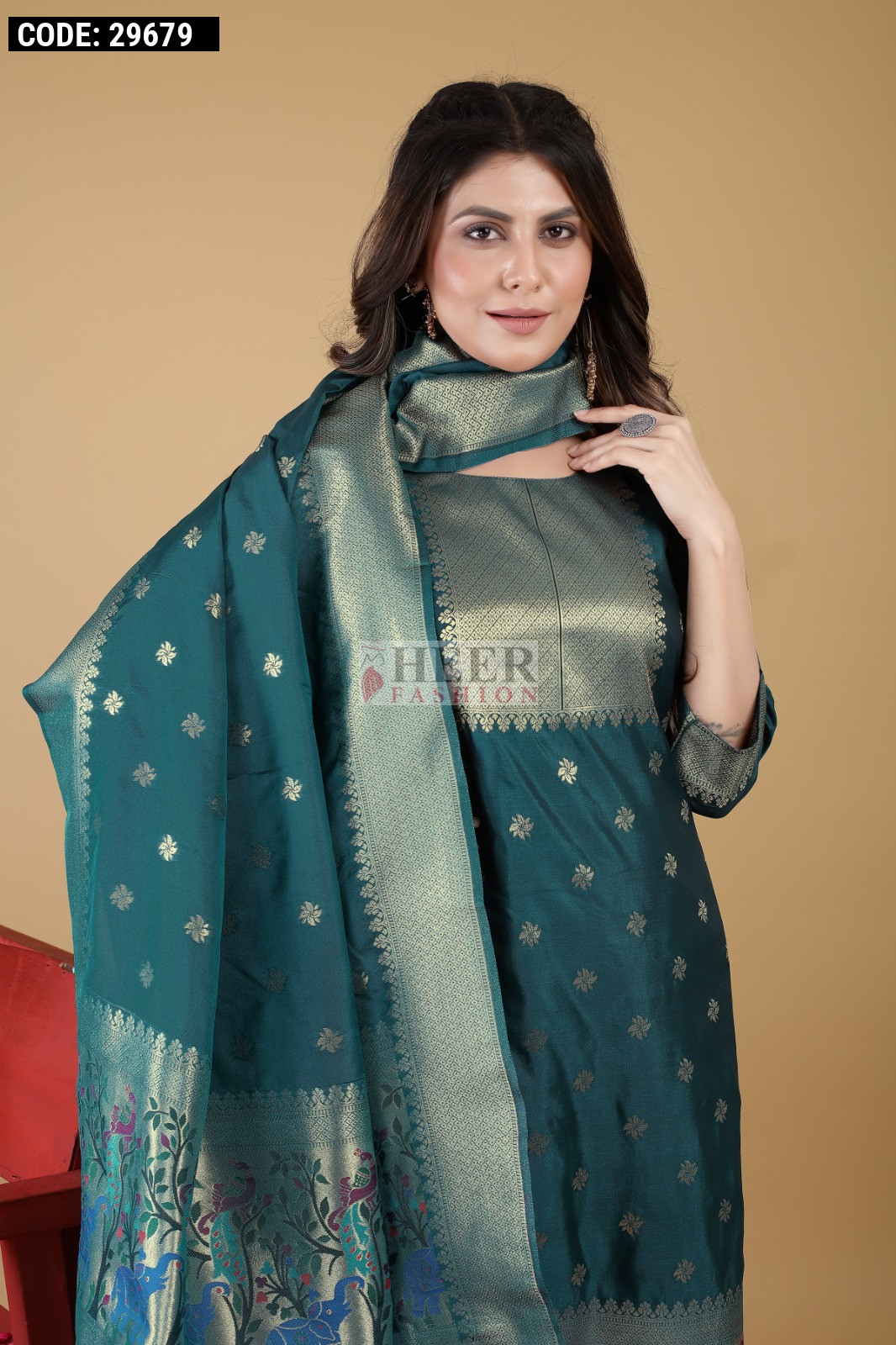Rama green color paithani silk unstitched dress