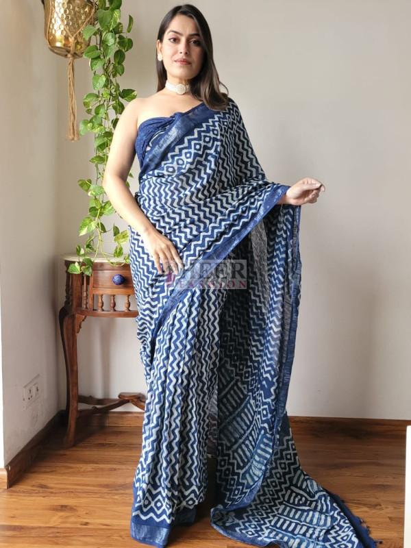 Blue flowy linen cotton saree with indigo bagru printed work