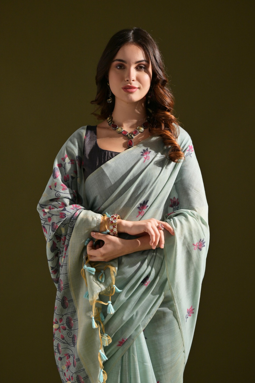 Sky blue premium muga cotton saree with pichwai weaving design