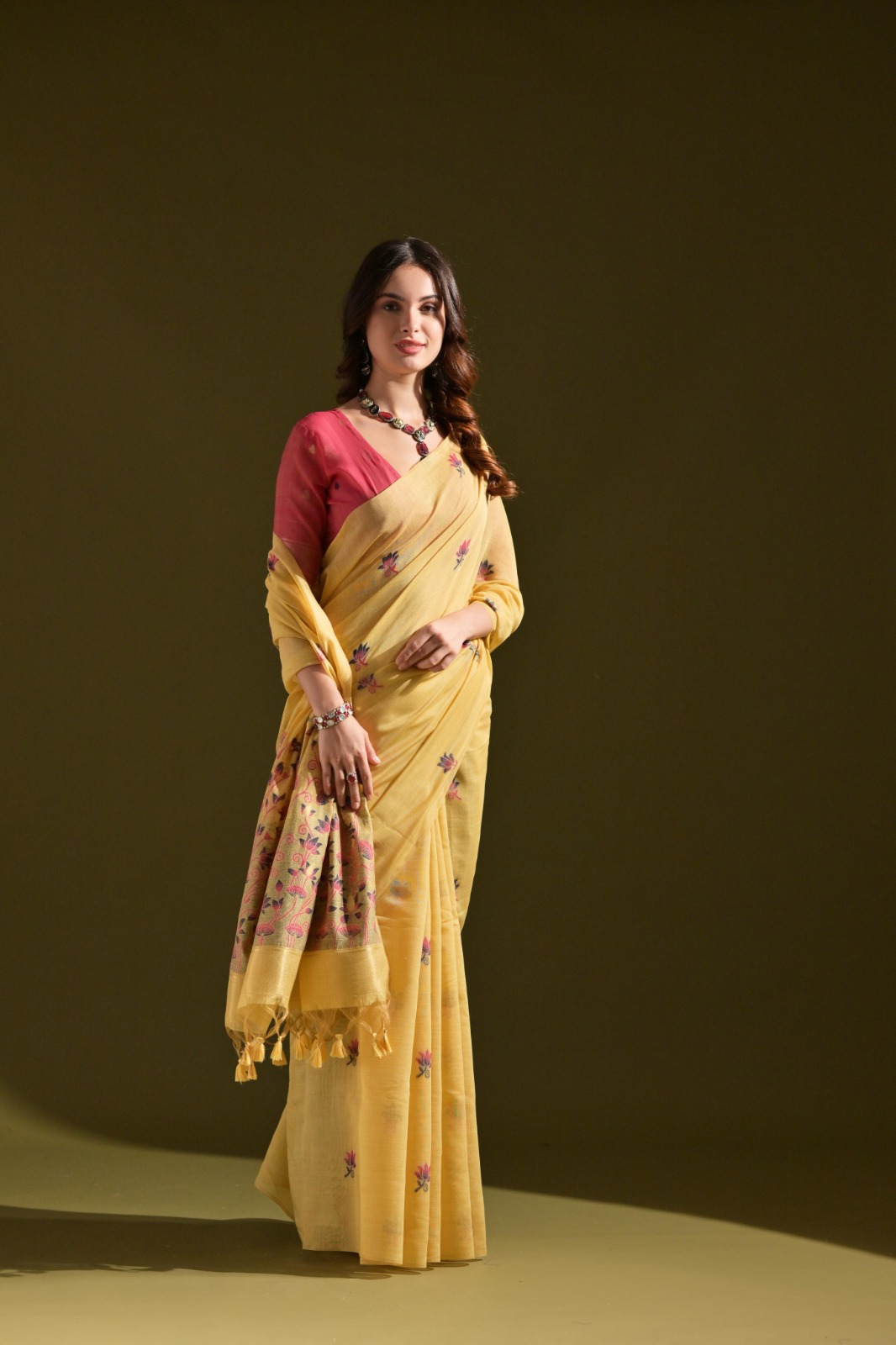 Yellow premium muga cotton saree with pichwai weaving design