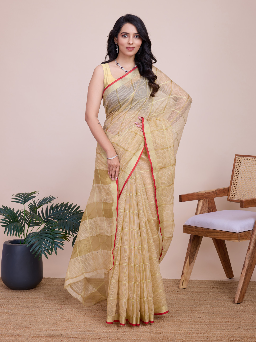 Beige kota doriya saree with zari weaving work
