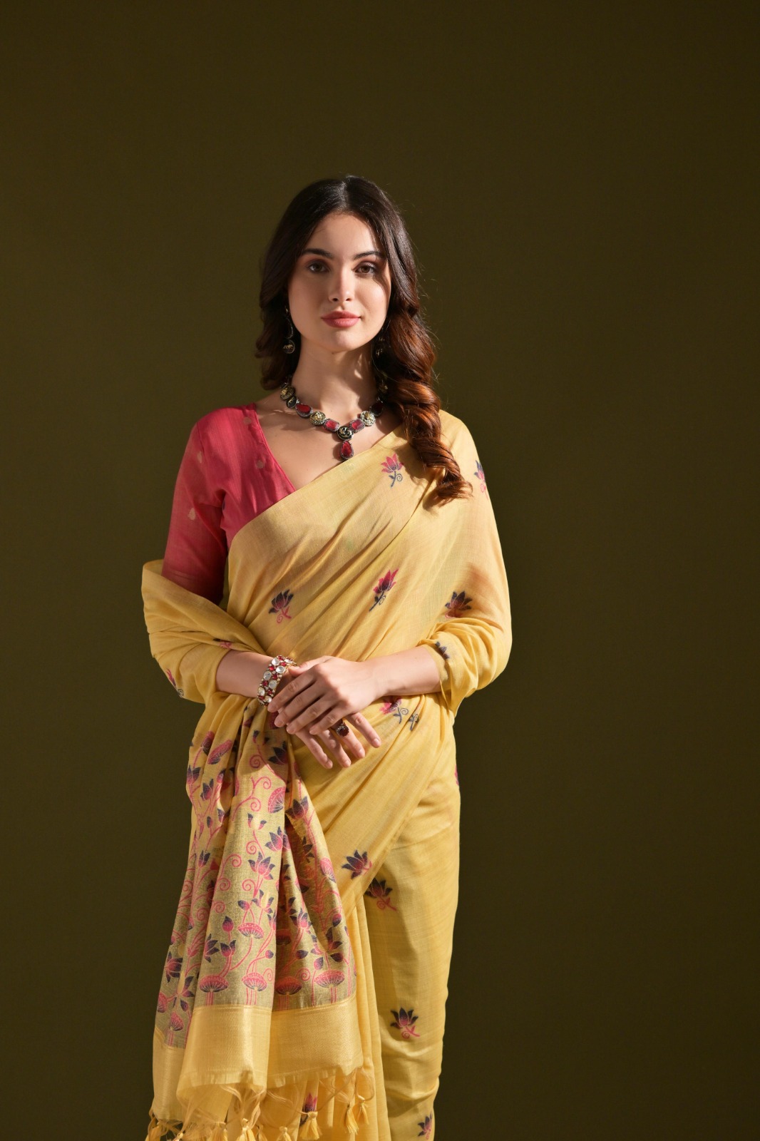 Yellow premium muga cotton saree with pichwai weaving design