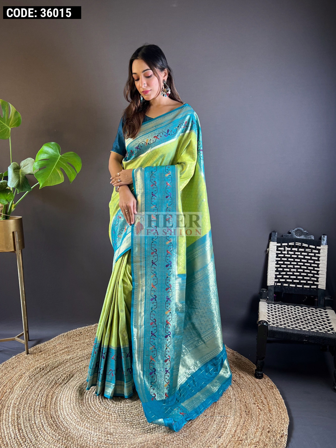 Parrot green color kanchipuram silk saree with paithani woven border