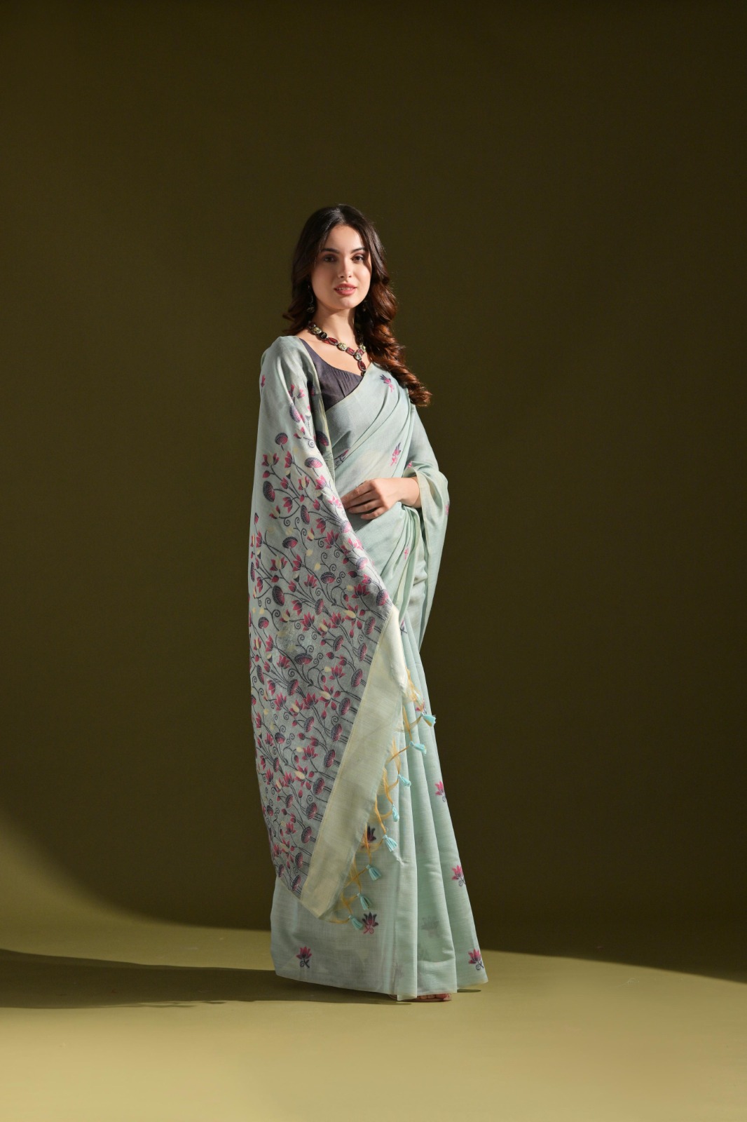 Sky blue premium muga cotton saree with pichwai weaving design