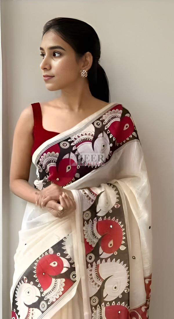 Off white colour chanderi cotton saree with digital printed work