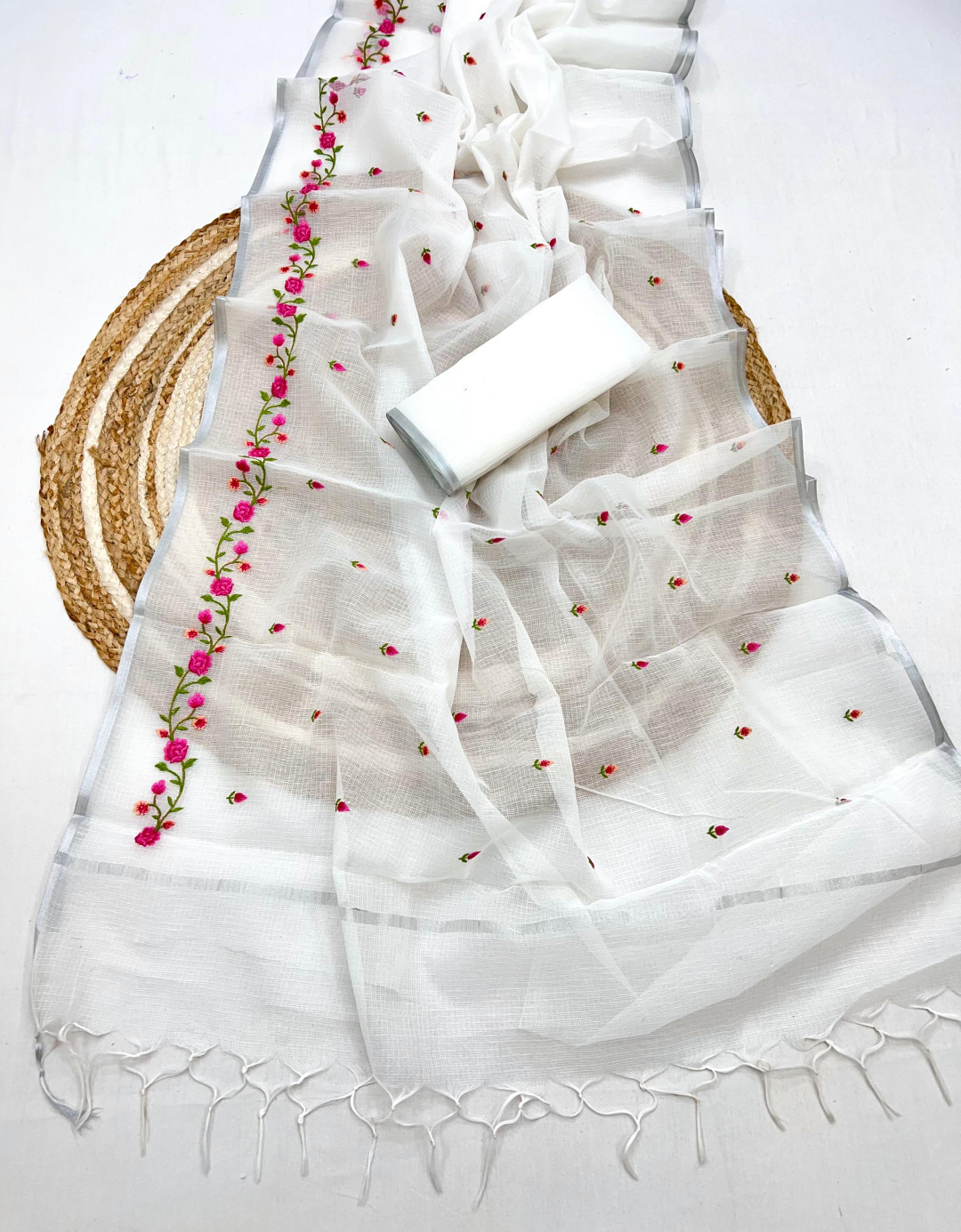 White kota doriya saree with silver zari border embellished with floral ...