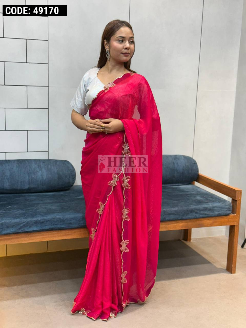 Fancy rani pink fandy silk saree with siroski work border