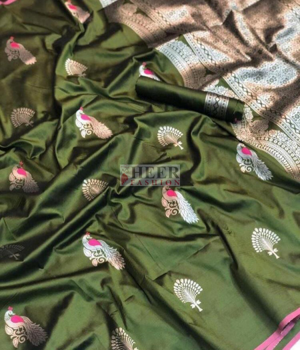 Mehndi green color Lichi silk saree with silver zari weaving heavy work