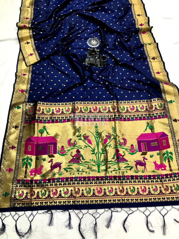 Navy blue color paithani silk saree with golden zari weaving work