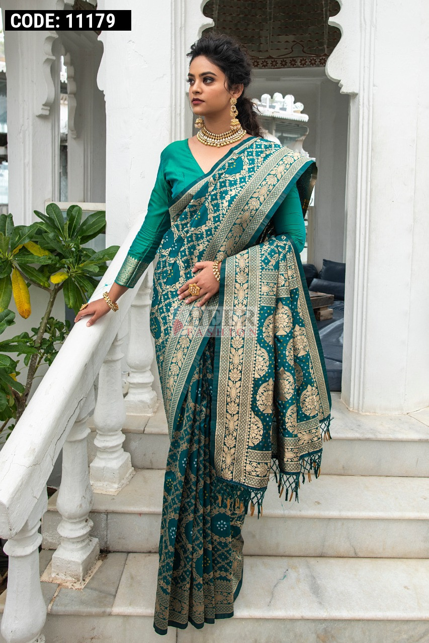 Rama green color bandhani saree with zari weaving work