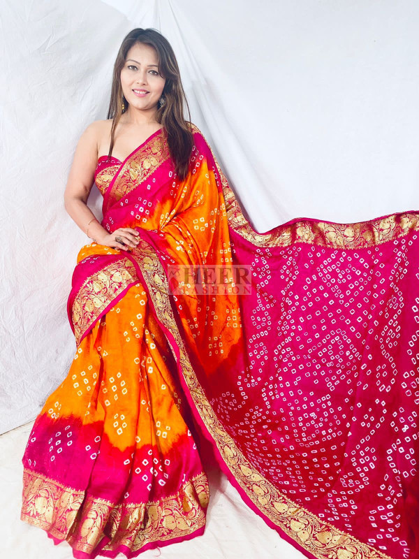 Orange and pink color hand bandhej bandhani silk saree with zari ...
