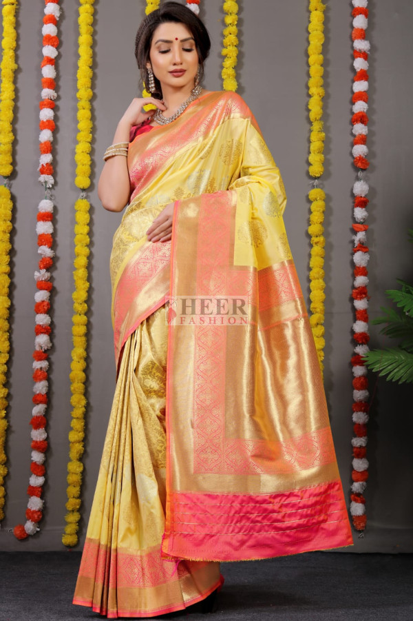 Yellow color kanchipuram silk saree with zari weaving work