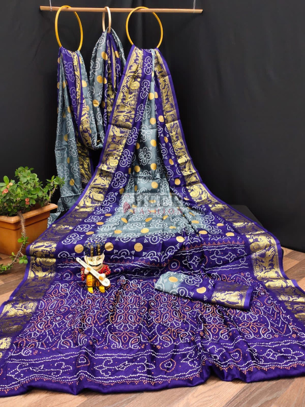 Gray and blue color soft bandhani silk saree with khadi printed work