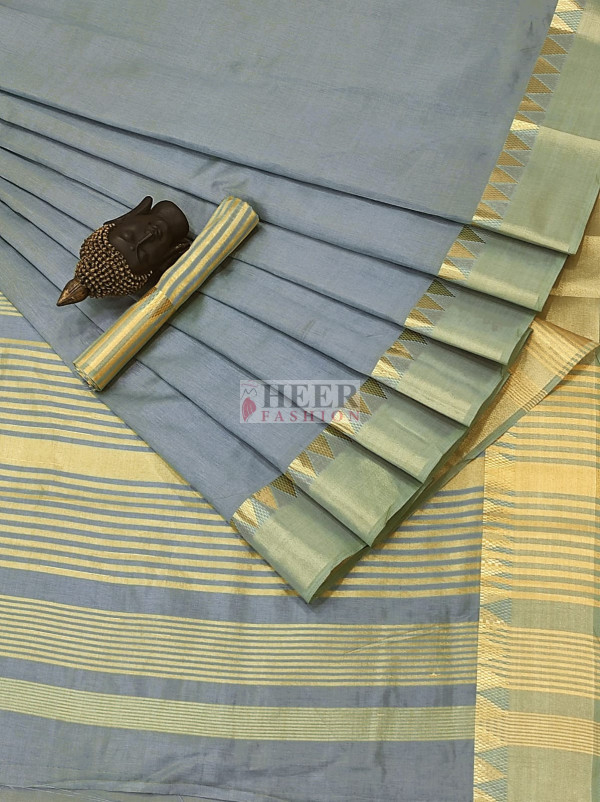 Gray color soft assam silk saree with golden zari weaving work