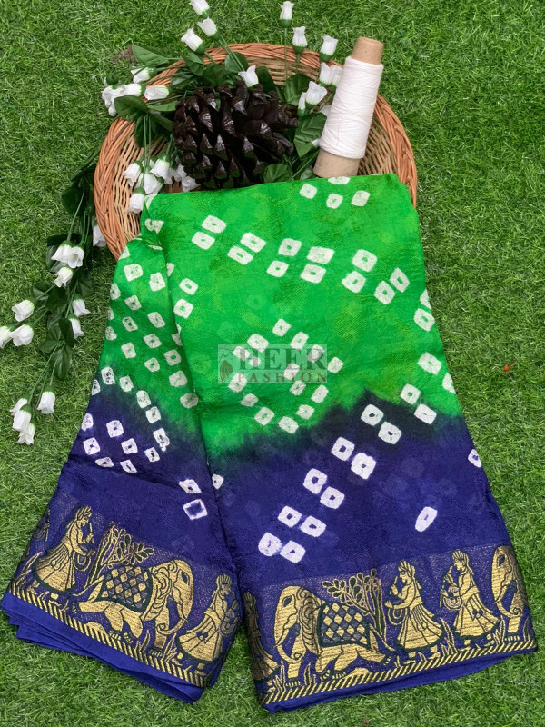Parrot green and blue color soft bandhani saree with hand bandhej print