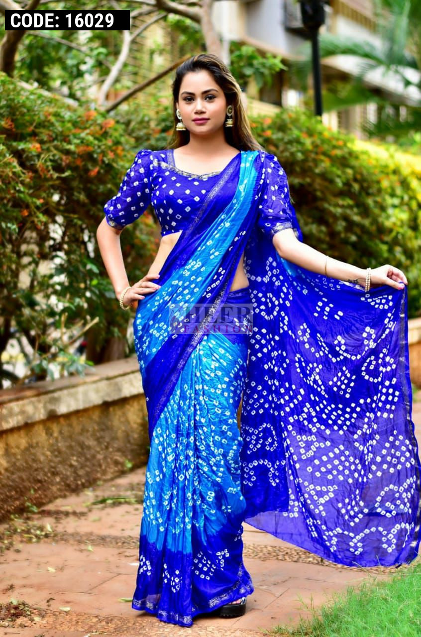 Sky blue and royal blue color soft bandhani silk saree with hand ...