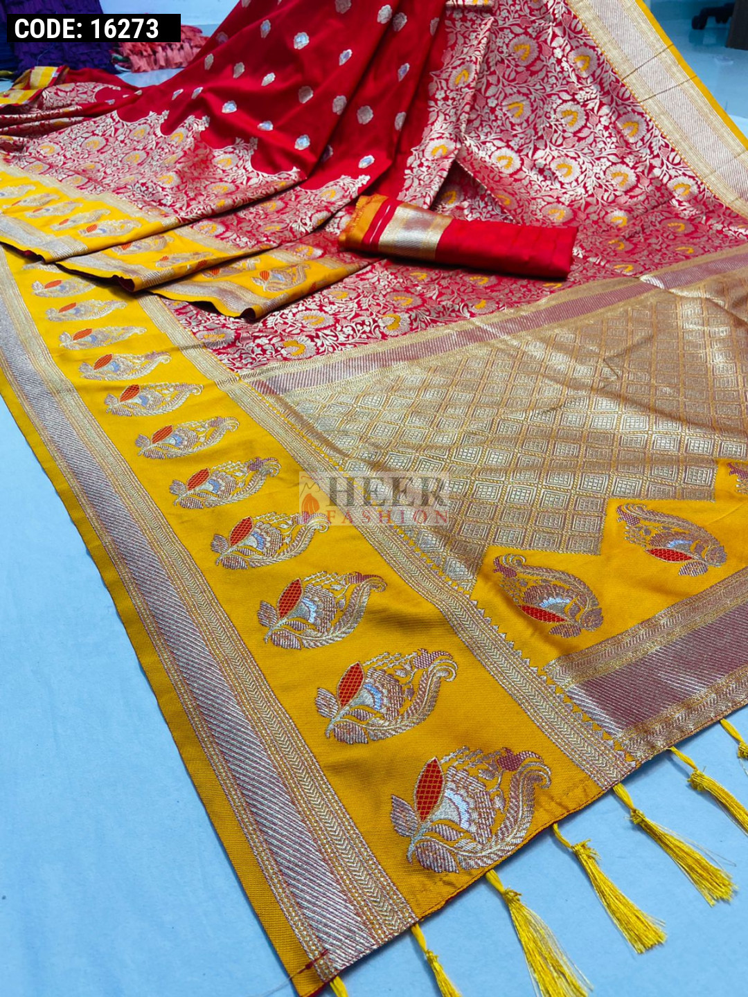 Red color kanchipuram silk saree with zari weaving work
