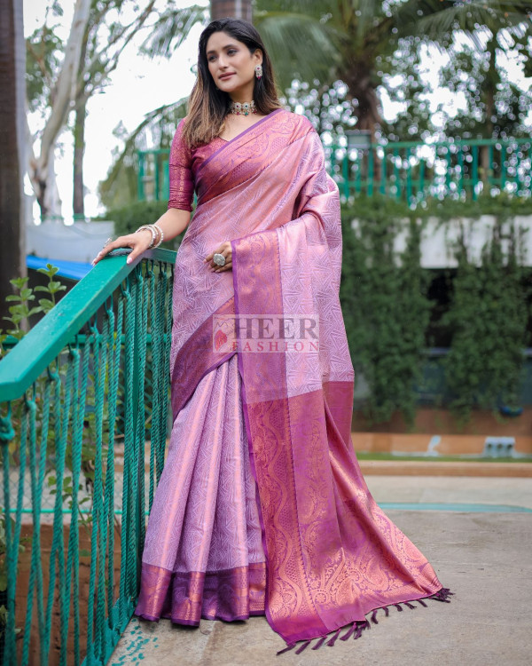 Lavender color kanchipuram silk saree with zari weaving work