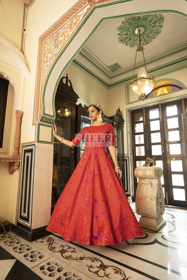 Orange color cotton gown with sequince embroidered work