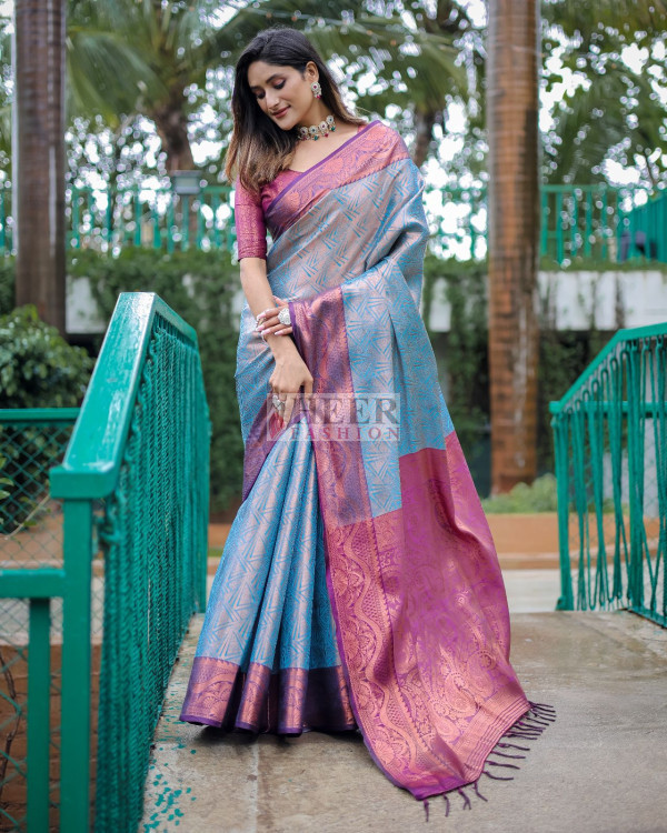Firoji color kanchipuram silk saree with zari weaving work