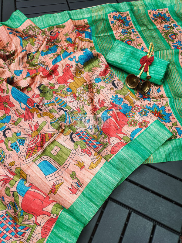 Rama green color tussar silk saree with kalamkari printed work