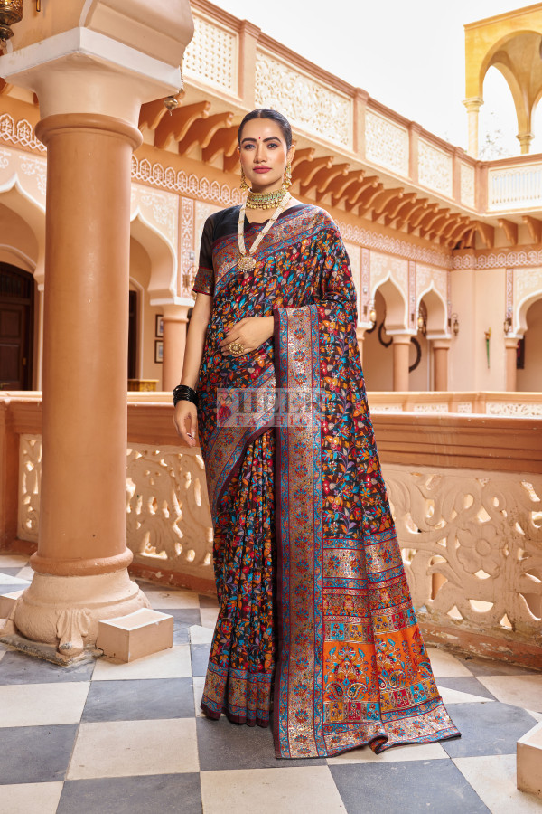 Black color banarasi silk saree with woven design