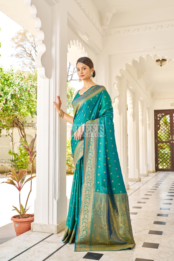 Rama green color soft banarasi silk saree with zari weaving work