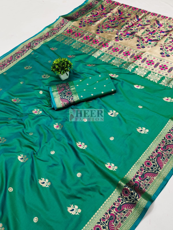 Rama green color paithani silk saree with zari weaving work