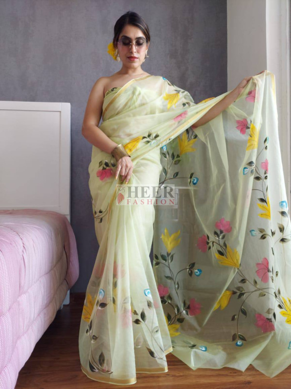Pista green color organza silk saree with digital printed work