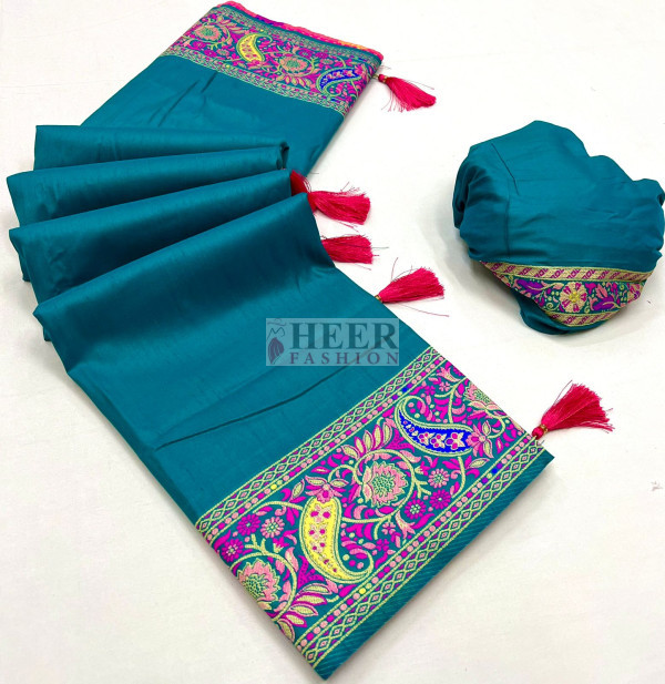 Rama green color pashmina silk saree with zari weaving work