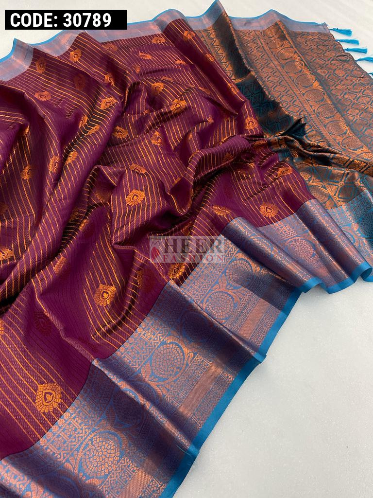 Magenta color kanjivaram silk saree with woven design