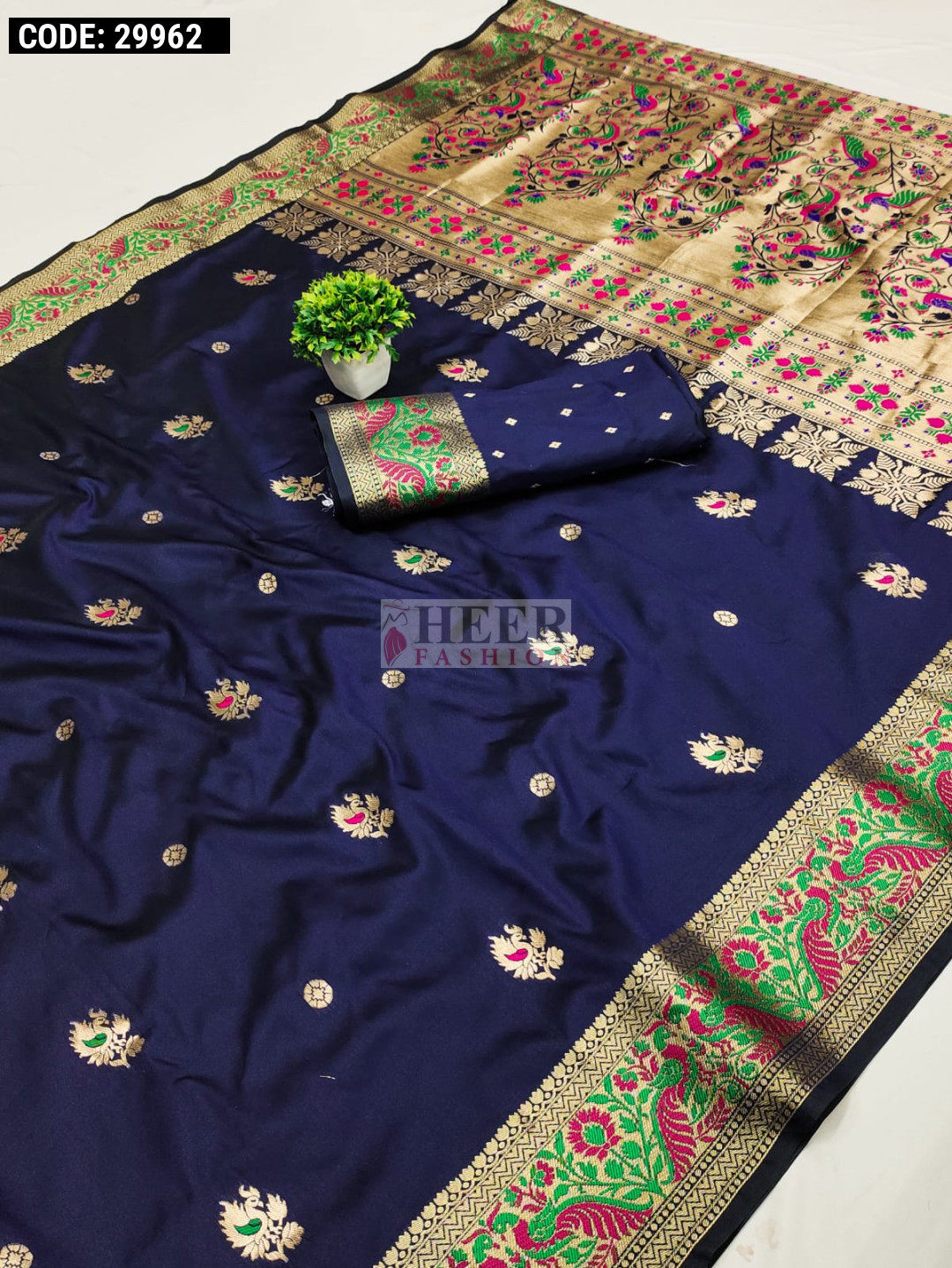 Navy blue color paithani silk saree with zari weaving work