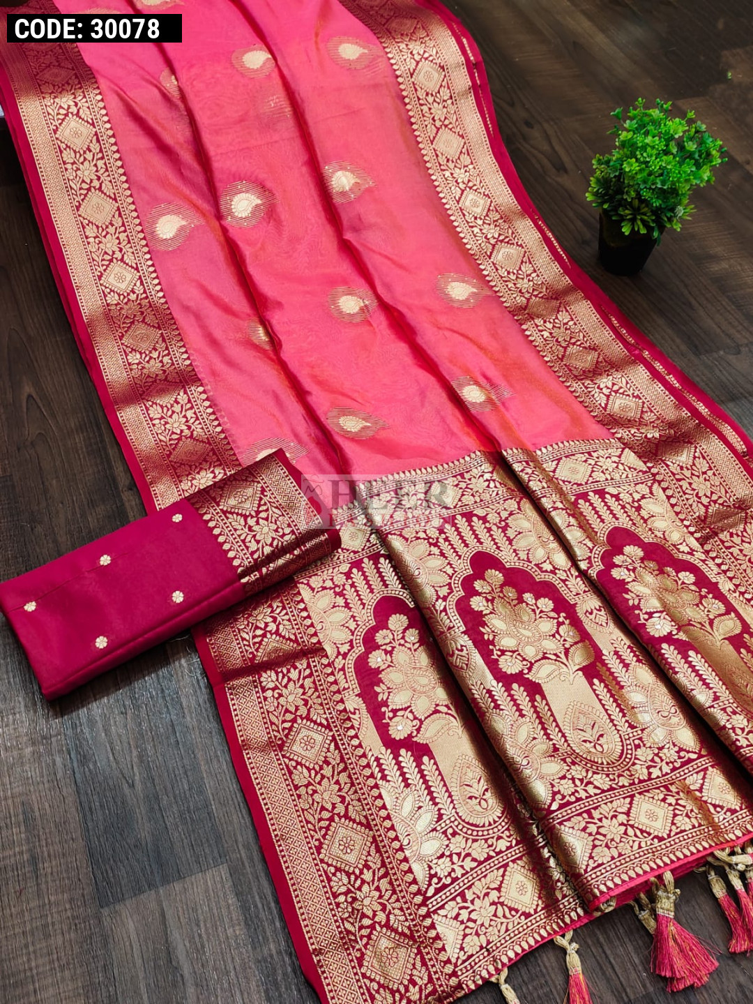 Gajari color organza silk saree with zari weaving work