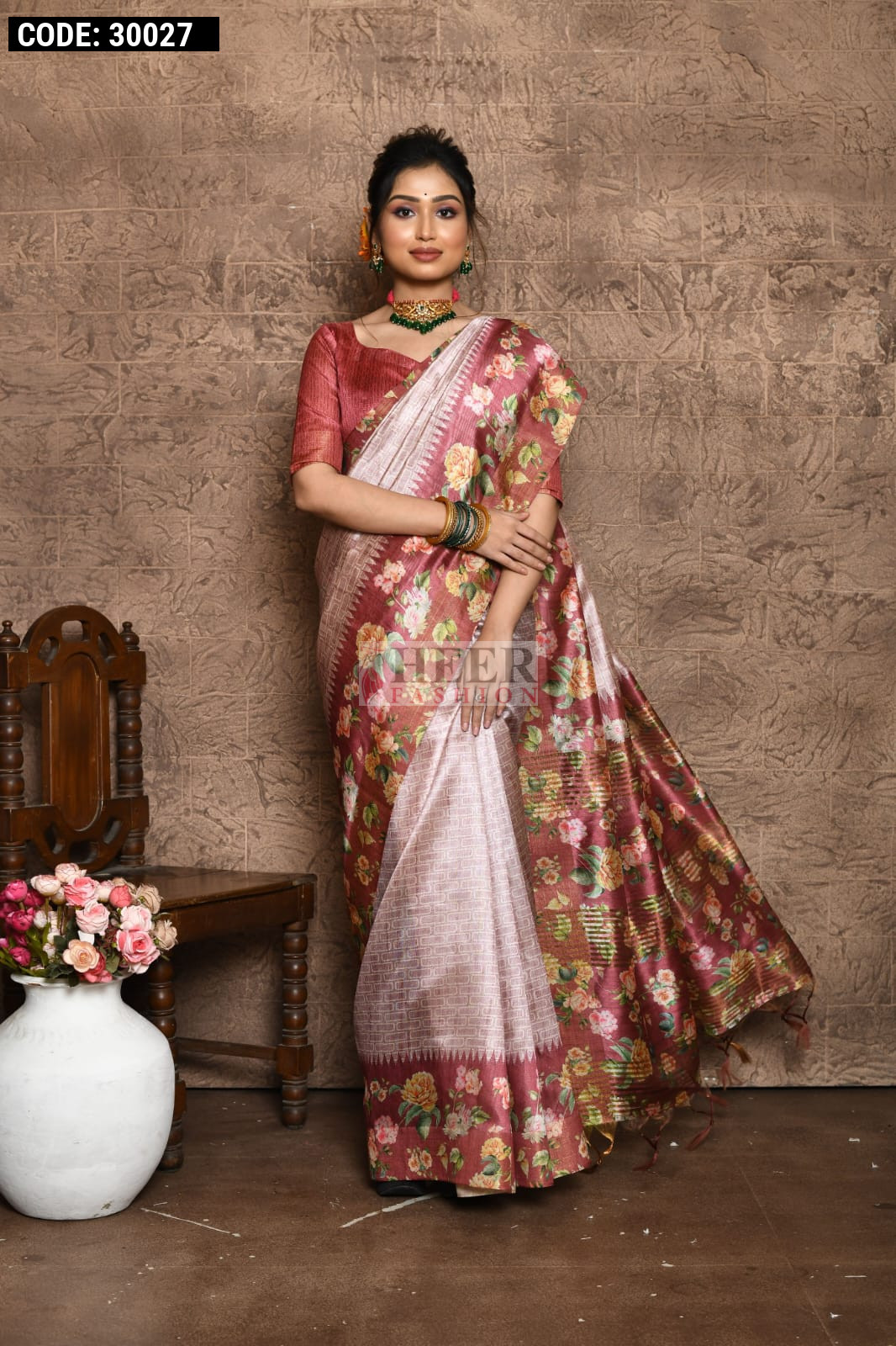 Pink color tussar silk saree with digital printed work