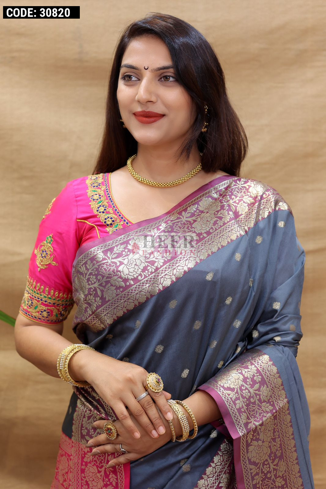 Gray color banarasi silk saree with zari weaving work