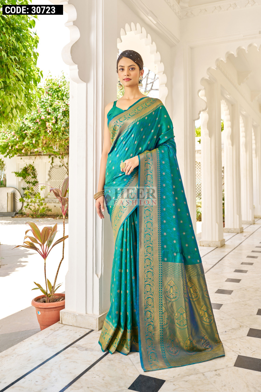 Rama green color soft banarasi silk saree with zari weaving work