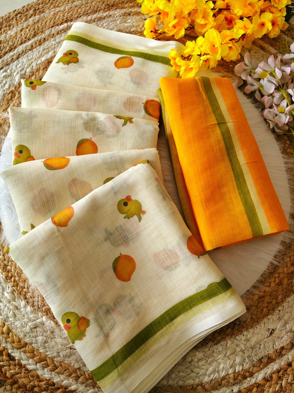 White Mixed linen cotton saree with digital printed work