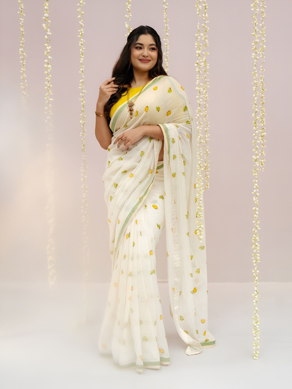 White linen cotton saree with digital printed work