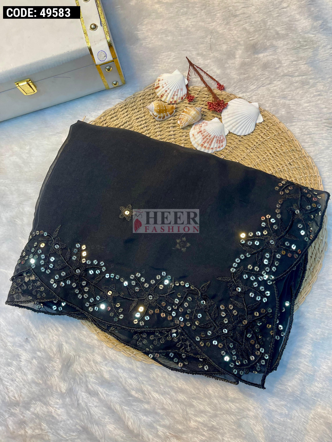 Black organza silk saree with sequence embroidery with beautiful ...