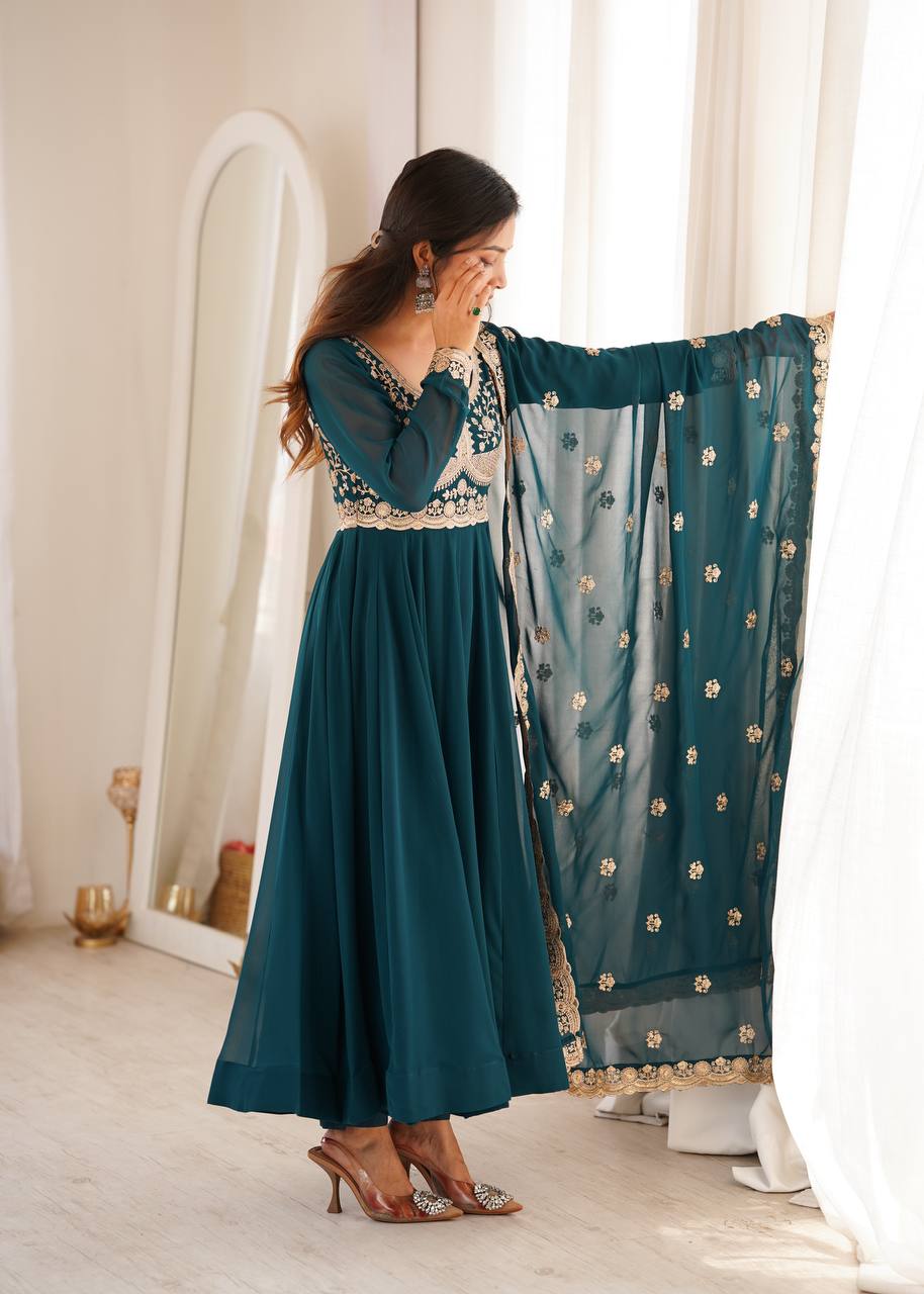 Rama green color soft blooming georgette kurta and pant set with ...