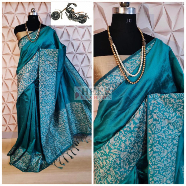 Firoji color raw silk weaving saree with rich pallu