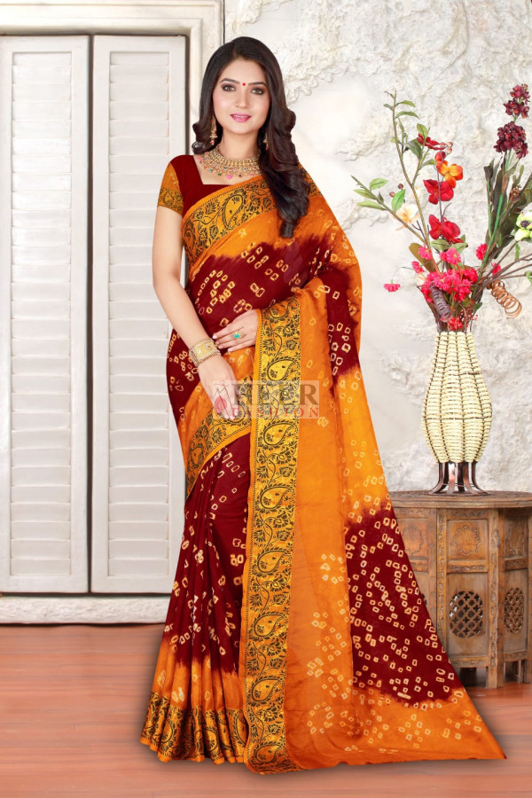 Maroon and orange color hand bandhej bandhani saree