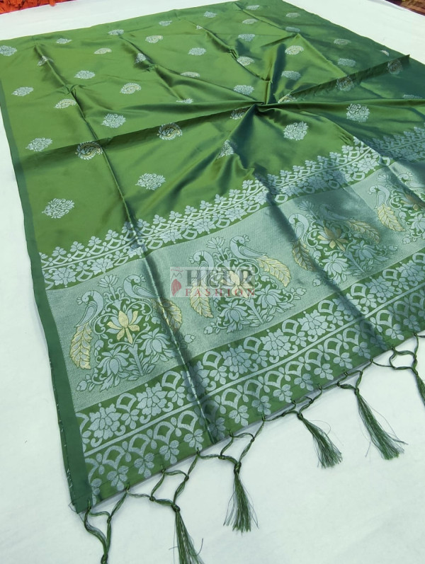 Mahendi green color lichi silk saree with silver zari weaving work
