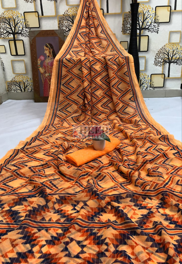 Peach color chiffon saree with printed work