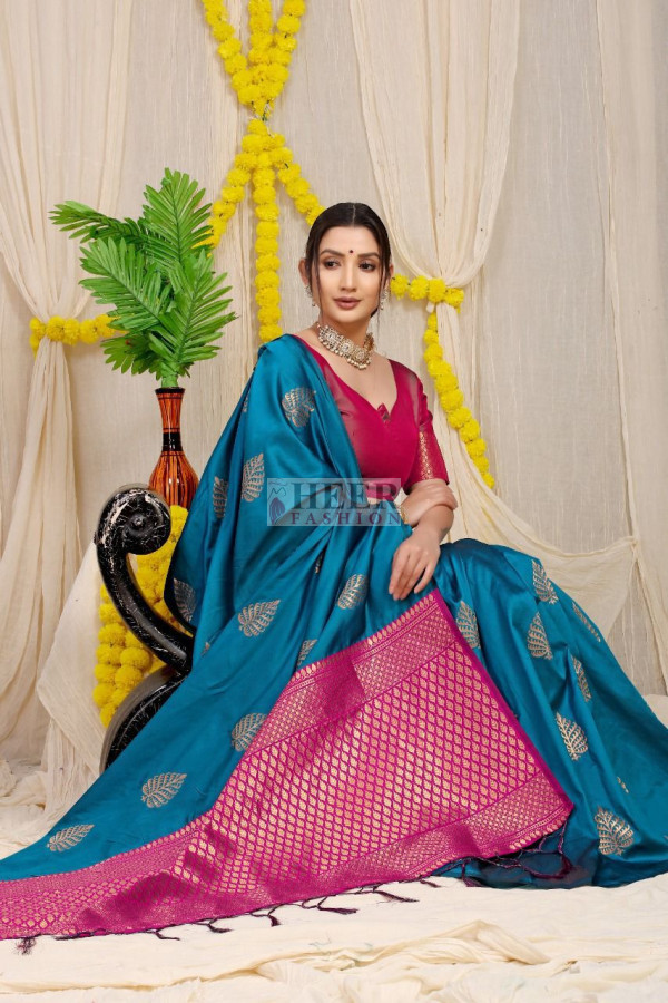 Firoji color banarasi silk saree with zari weaving work