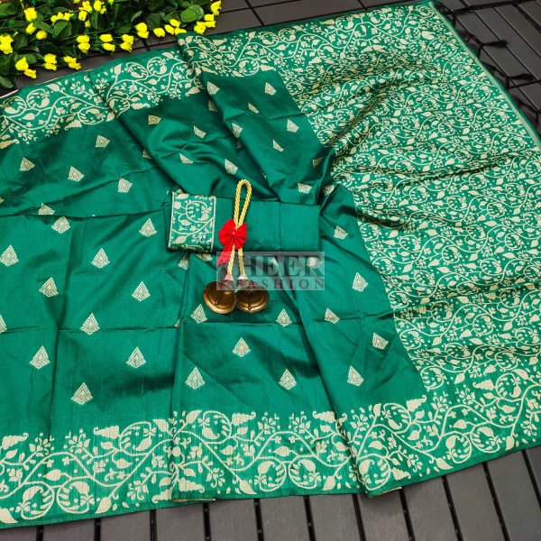Rama green color soft handloom raw silk saree with woven design