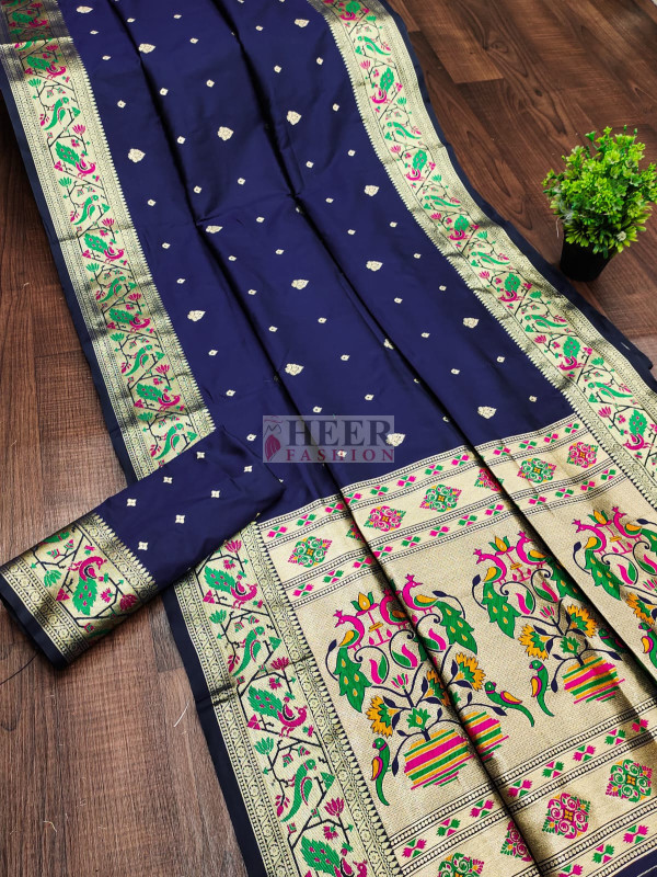 Navy blue color paithani silk saree with zari weaving work