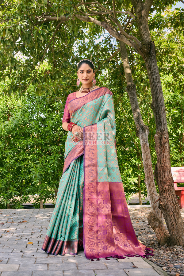 Firoji color kanchipuram silk saree with zari weaving work