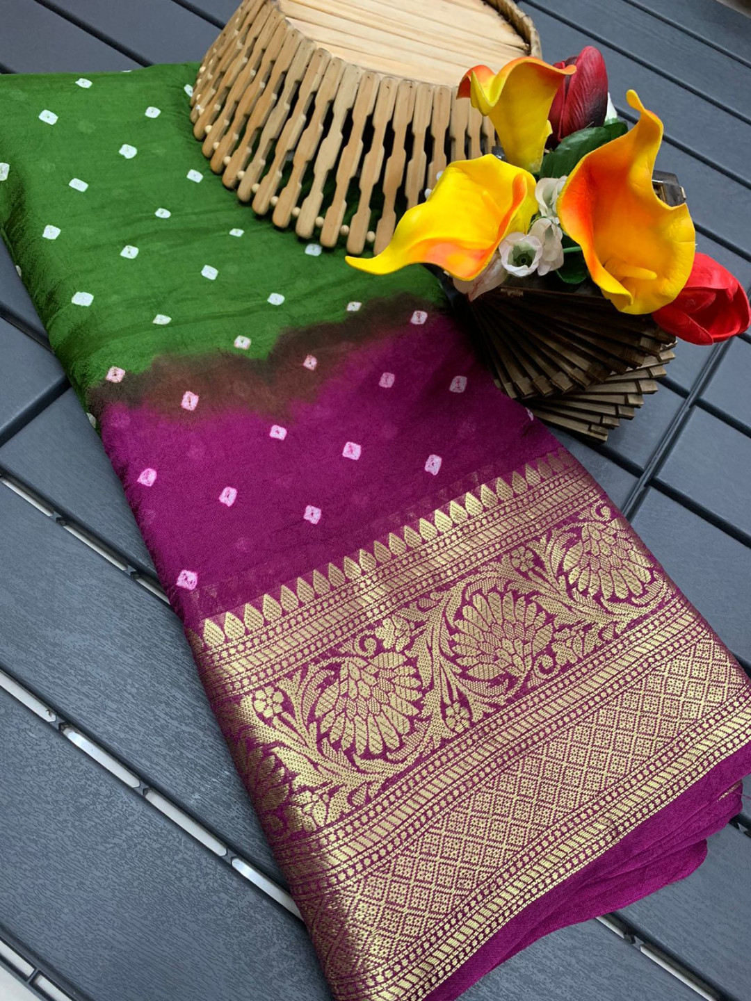 Multi color hand bandhej bandhani saree with zari weaving work